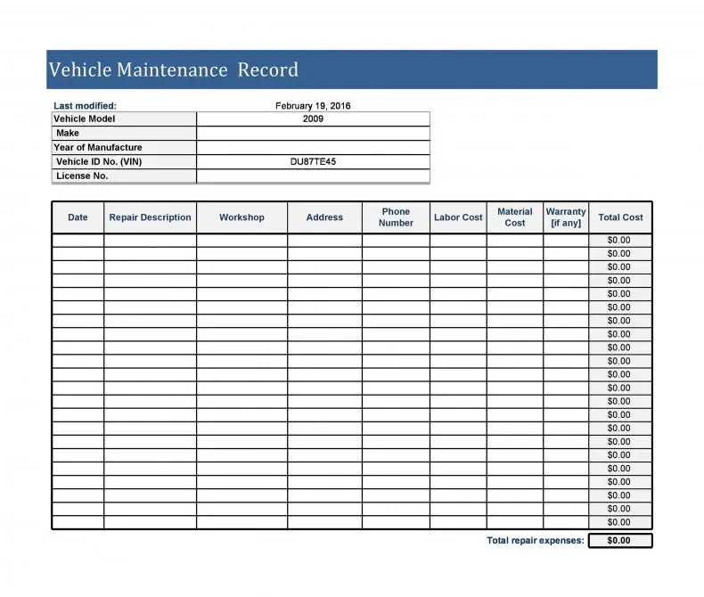 9 Vehicle Maintenance Log Templates PDF Excel Download 