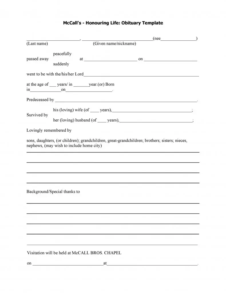 Downloadable Fill In The Blank Obituary Template 2023 Template Printable