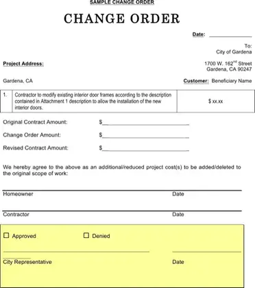 Change Order Form Template Excel